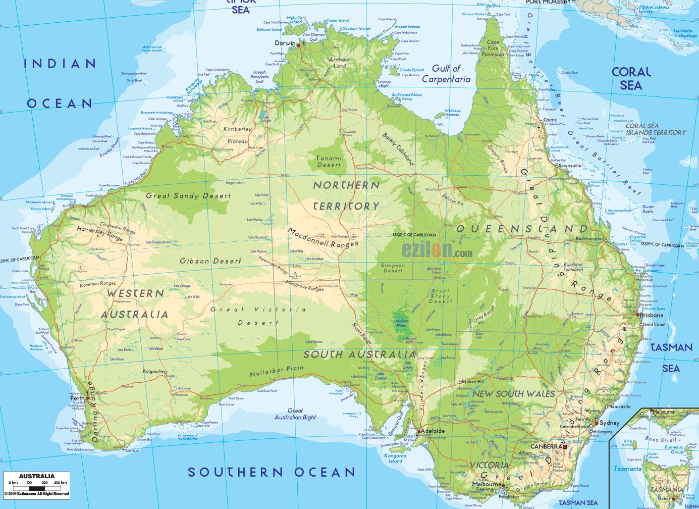 Fysisk kort over Australien - Kort over Australien fysiske (Australien ...